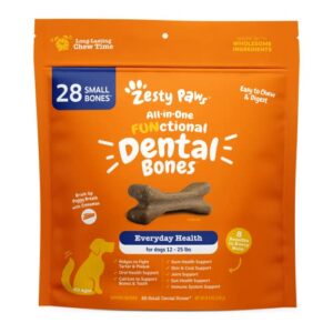 zesty paws dental bones for small dogs - fights tartar & plaque - gum, teeth & bone health - cinnamon for dog breath - immune, joint, gut, skin & coat support - omega 3 epa & dha & calcium - 28 ct