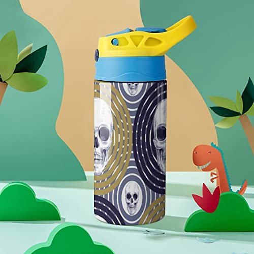 Thermos Cup 500Ml Circle Skull Insulated Water Bottle With Straw For Sports And Travel