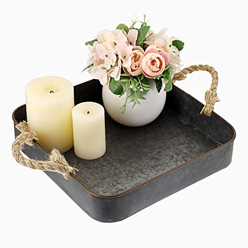 Hipiwe Galvanized Metal Tray with Rope Handle Farmhouse Metal Iron Tray Square Candle Holder Tray Industrial Style Serving Tray Countertop Decorative Tray Centerpiece Tray Rustic Decor