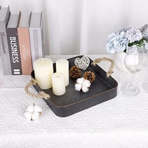 Hipiwe Galvanized Metal Tray with Rope Handle Farmhouse Metal Iron Tray Square Candle Holder Tray Industrial Style Serving Tray Countertop Decorative Tray Centerpiece Tray Rustic Decor