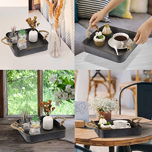 Hipiwe Galvanized Metal Tray with Rope Handle Farmhouse Metal Iron Tray Square Candle Holder Tray Industrial Style Serving Tray Countertop Decorative Tray Centerpiece Tray Rustic Decor