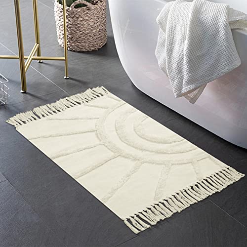 OJIA Boho Bathroom Rug 2' X 3', Tufted Sun Rug Small Rugs with Tassels Farmhouse Cotton Woven Washable Accent Throw Rug Tribal Area Rugs for Entryway Bedroom Laundry Living Room Kitchen