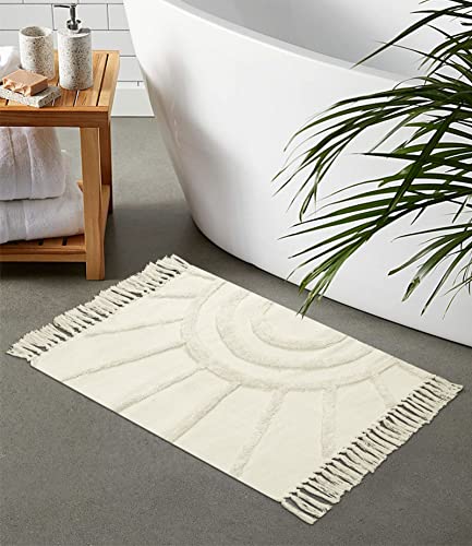 OJIA Boho Bathroom Rug 2' X 3', Tufted Sun Rug Small Rugs with Tassels Farmhouse Cotton Woven Washable Accent Throw Rug Tribal Area Rugs for Entryway Bedroom Laundry Living Room Kitchen