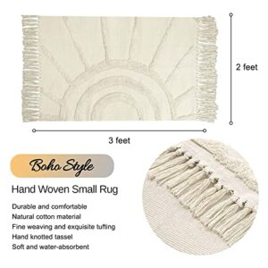 OJIA Boho Bathroom Rug 2' X 3', Tufted Sun Rug Small Rugs with Tassels Farmhouse Cotton Woven Washable Accent Throw Rug Tribal Area Rugs for Entryway Bedroom Laundry Living Room Kitchen