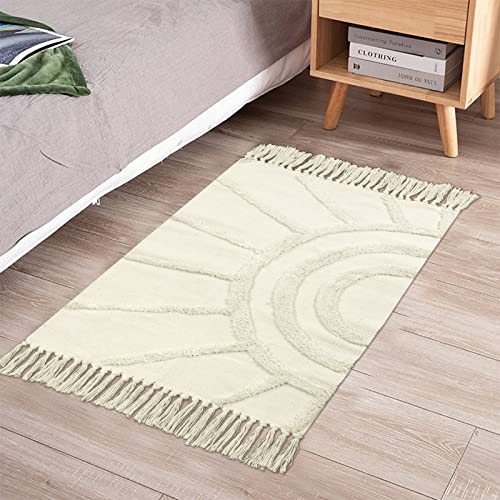 OJIA Boho Bathroom Rug 2' X 3', Tufted Sun Rug Small Rugs with Tassels Farmhouse Cotton Woven Washable Accent Throw Rug Tribal Area Rugs for Entryway Bedroom Laundry Living Room Kitchen