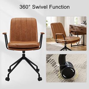 Art Leon Mid Century Modern Swivel Accent Chair, Home Office Desk Chair with Wheels, Faux Leather Armchair for Small Spaces, Yellow Brown