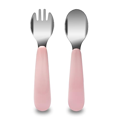 Jenbode Baby Fork and Spoon Set with Carry Case Baby Training Utensils Self Feeding Toddler Silverware Silicone and Stainless Steel Kids and Toddler Utensil Set (Pink)