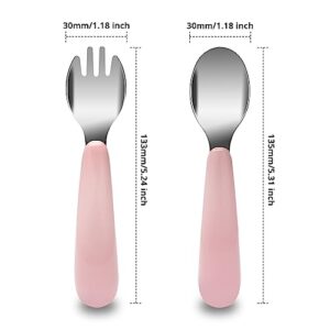 Jenbode Baby Fork and Spoon Set with Carry Case Baby Training Utensils Self Feeding Toddler Silverware Silicone and Stainless Steel Kids and Toddler Utensil Set (Pink)