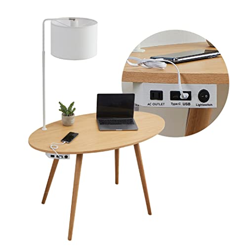 FENLO Future Oval - 45.5" Mid-Century Desk with Charging Station, Home Office Desk with USB, USB-C, and Power Outlet, Smart Work Table for Home Office, Round Table with USB Charging (Natural Wood)