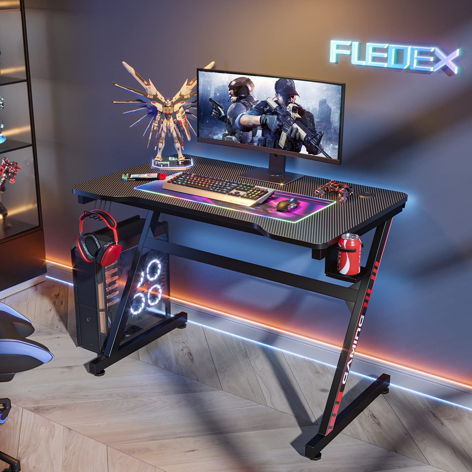 FLEDEX Gaming Desk, 40 inch Carbon Fiber Gamer PC Computer Desk, Sturdy Design Home Office Workstation Gaming Table with Foldable Cup Holder and Headphone Hook, Black