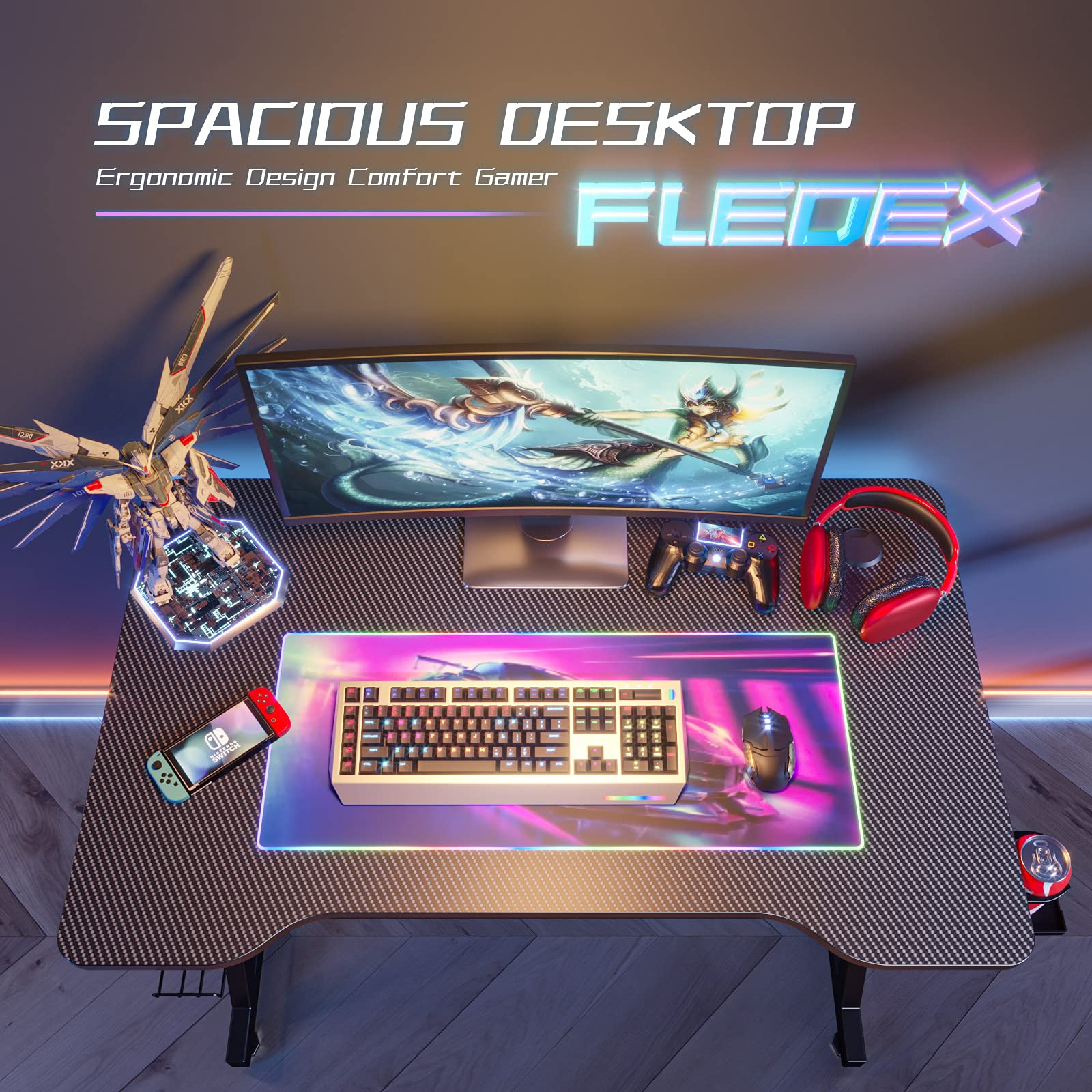 FLEDEX Gaming Desk, 40 inch Carbon Fiber Gamer PC Computer Desk, Sturdy Design Home Office Workstation Gaming Table with Foldable Cup Holder and Headphone Hook, Black