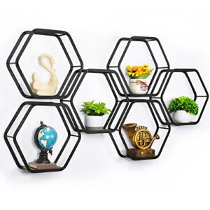 hexagonal floating shelves set of 10, metal hexagon shelves for wall, rustic black hexagon shelves, modern honeycomb shelf, octagon shelves wall mounted for bedroom living room kitchen and office