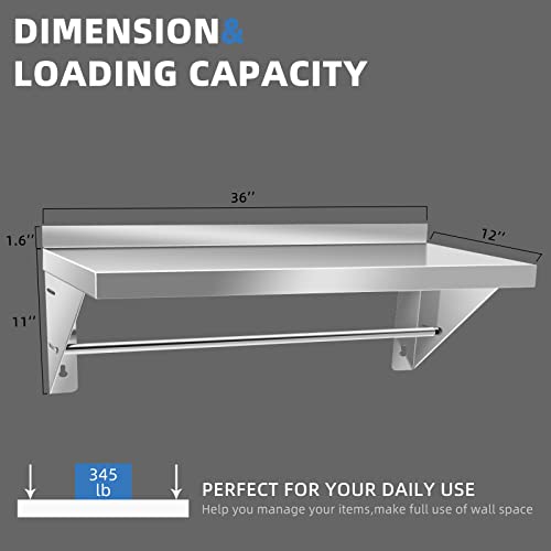 HXCFYP Stainless Steel Shelf 12 x 36 Inches 280 lb, NSF Commercial Wall Mount Floating Shelving for Restaurant, Kitchen, Home and Hotel