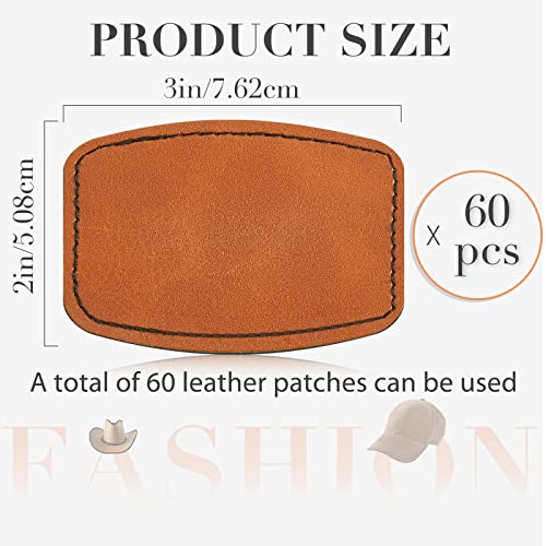 60 Pcs Blank Leatherette Hat Patches with Adhesive Rustic Leatherette Rounded Rectangle Patch Faux Leather Patches for Hats Costumes Fabric Repair Sew Laser Supplies, 3 x 2 Inches (Khaki)