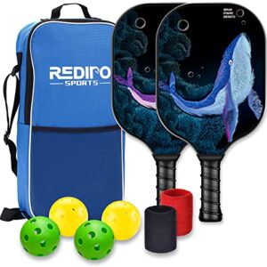 pickleball paddles set of 2 premium fiberglass surface pickleball rackets, 4 pickle balls, 2 wrist bands & 1 shoulder bag, 4.9" cushion comfort grip, pickleball gifts for men women