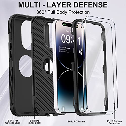 Annymall for iPhone 14 Pro Max Case with 2 Screen Protector,Full Body Shockproof Drop Protection Dust Proof Heavy Duty 3-Layer Military Rugged Durable Cover for Apple iPhone 14 Pro Max 6.7" (Black)