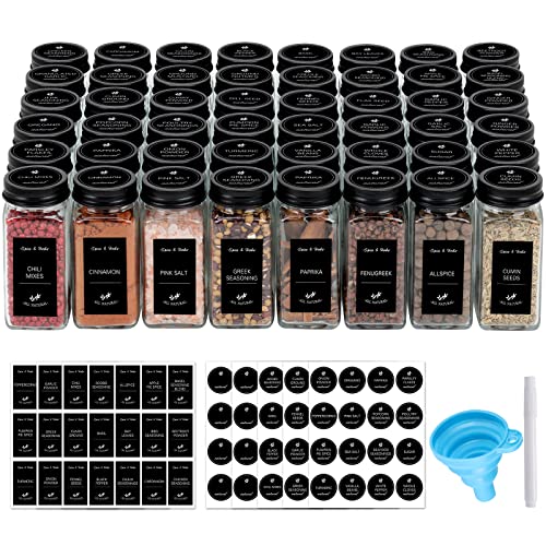 CUCUMI 48pcs Glass Spice Jars with Labels, 4oz Empty Square Spice Bottles with Shaker Lids, Black Airtight Metal Caps Collapsible Funnel Chalk Pen Seasoning Containers for Spice Rack Drawer Cabinet