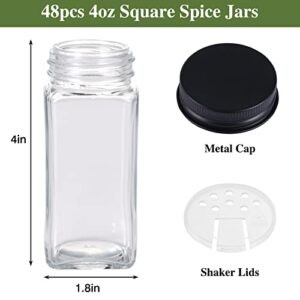 CUCUMI 48pcs Glass Spice Jars with Labels, 4oz Empty Square Spice Bottles with Shaker Lids, Black Airtight Metal Caps Collapsible Funnel Chalk Pen Seasoning Containers for Spice Rack Drawer Cabinet