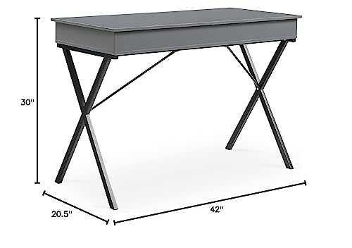 HomSof Frost Grey Finish 2 Drawers Writing Desk with Black Stoving Varnsih Steel Frame，MDF Table Top, Gray,42"