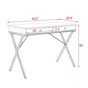 HomSof Frost Grey Finish 2 Drawers Writing Desk with Black Stoving Varnsih Steel Frame，MDF Table Top, Gray,42"