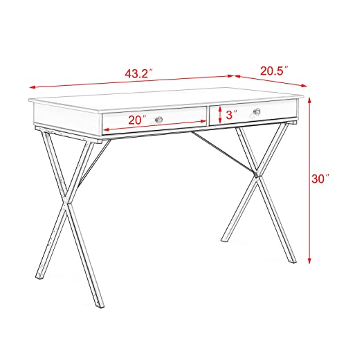 HomSof Frost Grey Finish 2 Drawers Writing Desk with Black Stoving Varnsih Steel Frame，MDF Table Top, Gray,42"