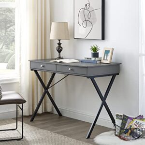 HomSof Frost Grey Finish 2 Drawers Writing Desk with Black Stoving Varnsih Steel Frame，MDF Table Top, Gray,42"