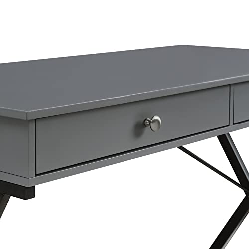 HomSof Frost Grey Finish 2 Drawers Writing Desk with Black Stoving Varnsih Steel Frame，MDF Table Top, Gray,42"