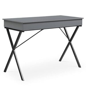 HomSof Frost Grey Finish 2 Drawers Writing Desk with Black Stoving Varnsih Steel Frame，MDF Table Top, Gray,42"