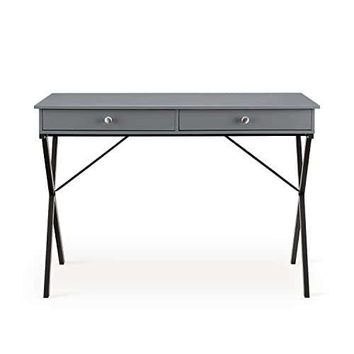 HomSof Frost Grey Finish 2 Drawers Writing Desk with Black Stoving Varnsih Steel Frame，MDF Table Top, Gray,42"