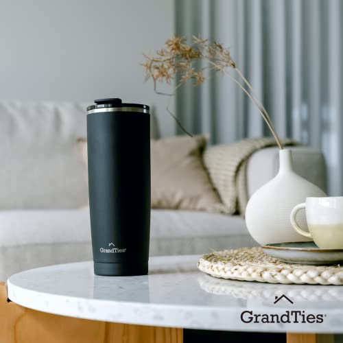 GRANDTIES Insulated Coffee Tumbler Cup w/Tritan Lid | Leak Proof, Reusable, Double Walled Vacuum Stainless Steel Water Bottle Travel Mug | Thermal Cups for Hot and Cold Drinks | 20oz | Midnight Black