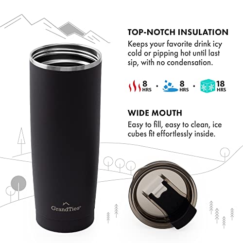 GRANDTIES Insulated Coffee Tumbler Cup w/Tritan Lid | Leak Proof, Reusable, Double Walled Vacuum Stainless Steel Water Bottle Travel Mug | Thermal Cups for Hot and Cold Drinks | 20oz | Midnight Black