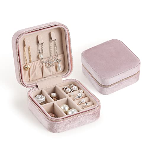 CASEGRACE Travel Jewelry Case, Plush Velvet Jewelry Box Small Jewelry Travel Organizer Display Rings Necklace Bracelet Earrings Storage Case for Women Girls, Pink