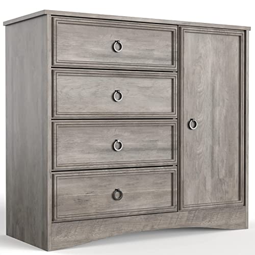 Modern 4 Drawer Dresser Adjustable Shelves, Tall Chest of Closet Organizers and Storage for Clothes - Easy Pulls, Textured Borders for Bedroom, Hallway, Living Room, Office, Gray