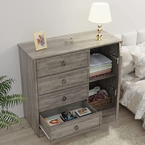 Modern 4 Drawer Dresser Adjustable Shelves, Tall Chest of Closet Organizers and Storage for Clothes - Easy Pulls, Textured Borders for Bedroom, Hallway, Living Room, Office, Gray