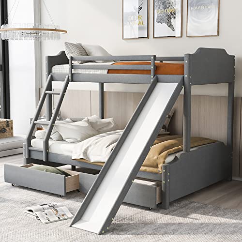 Merax Twin Over Full Size Upholstery Bunk Bed, Solid Wood Bed Frame with Two Drawers and Slide, Convertible Slide and Ladder, Headboard and Footboard, Grey