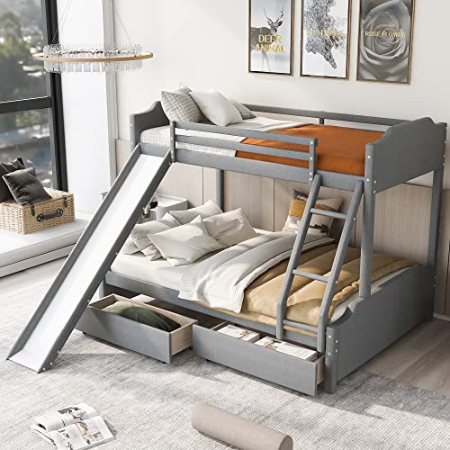 Merax Twin Over Full Size Upholstery Bunk Bed, Solid Wood Bed Frame with Two Drawers and Slide, Convertible Slide and Ladder, Headboard and Footboard, Grey