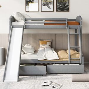 Merax Twin Over Full Size Upholstery Bunk Bed, Solid Wood Bed Frame with Two Drawers and Slide, Convertible Slide and Ladder, Headboard and Footboard, Grey