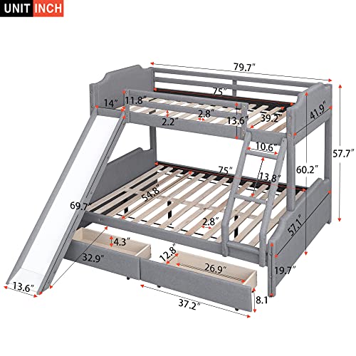 Merax Twin Over Full Size Upholstery Bunk Bed, Solid Wood Bed Frame with Two Drawers and Slide, Convertible Slide and Ladder, Headboard and Footboard, Grey