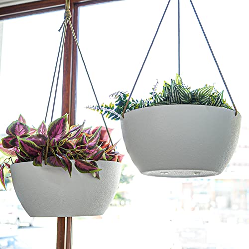 SwinDuck 13 Inch 2 Pack Large Hanging Planters for Indoor Outdoor Plants, Plastic Hanging Basket Pots for House Plants Flowers, White