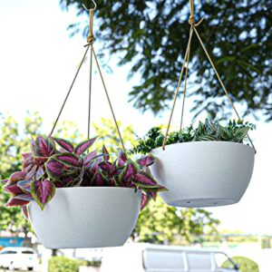 SwinDuck 13 Inch 2 Pack Large Hanging Planters for Indoor Outdoor Plants, Plastic Hanging Basket Pots for House Plants Flowers, White