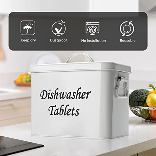 Dishwasher Pod Container, Large 3.8Qt Dishwasher Detergent Tablet Storage Container, Holds 120+ Pods, Reusable Kitchen Organizer White Rustic Tin for Kitchen Organizing Farmhouse Deco and Accessories