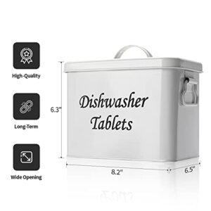 Dishwasher Pod Container, Large 3.8Qt Dishwasher Detergent Tablet Storage Container, Holds 120+ Pods, Reusable Kitchen Organizer White Rustic Tin for Kitchen Organizing Farmhouse Deco and Accessories