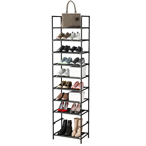 Wehiyo Free Standing Shoe Rack for Closet 10 Tiers Shoe Organizer Shoe Cabinet for Entryway 20-24 Pairs Boots and Shoes Organizer Closet Organizer and Storage Metal Stackable Shoe Shelf with Hooks