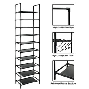 Wehiyo Free Standing Shoe Rack for Closet 10 Tiers Shoe Organizer Shoe Cabinet for Entryway 20-24 Pairs Boots and Shoes Organizer Closet Organizer and Storage Metal Stackable Shoe Shelf with Hooks