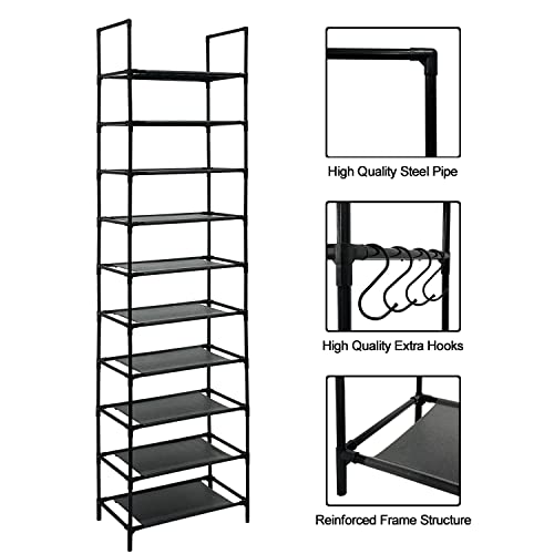 Wehiyo Free Standing Shoe Rack for Closet 10 Tiers Shoe Organizer Shoe Cabinet for Entryway 20-24 Pairs Boots and Shoes Organizer Closet Organizer and Storage Metal Stackable Shoe Shelf with Hooks