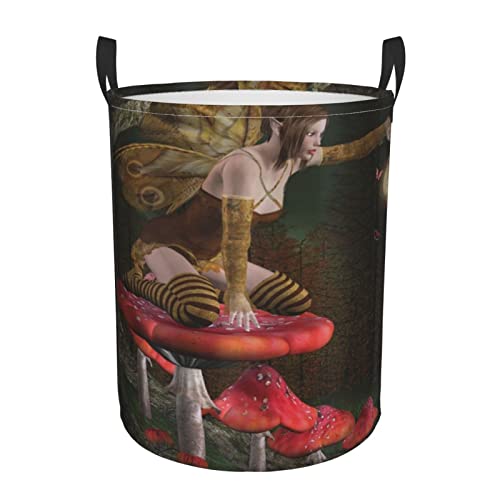 Laundry Basket,Mythical Fairy Creature Sitting On Mushroom Beside An Oak Tree Summer Forest,Large Canvas Fabric Lightweight Storage Basket/Toy Organizer/Dirty Clothes Collapsible Waterproof For College Dorms-Large