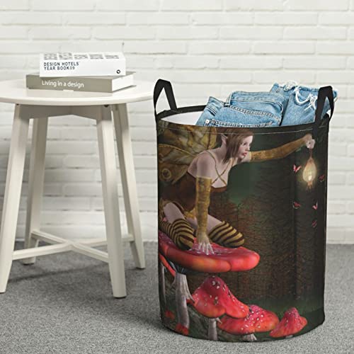 Laundry Basket,Mythical Fairy Creature Sitting On Mushroom Beside An Oak Tree Summer Forest,Large Canvas Fabric Lightweight Storage Basket/Toy Organizer/Dirty Clothes Collapsible Waterproof For College Dorms-Large