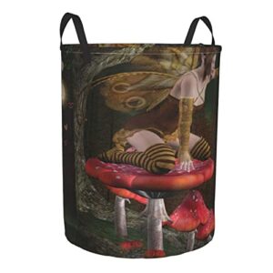 Laundry Basket,Mythical Fairy Creature Sitting On Mushroom Beside An Oak Tree Summer Forest,Large Canvas Fabric Lightweight Storage Basket/Toy Organizer/Dirty Clothes Collapsible Waterproof For College Dorms-Large