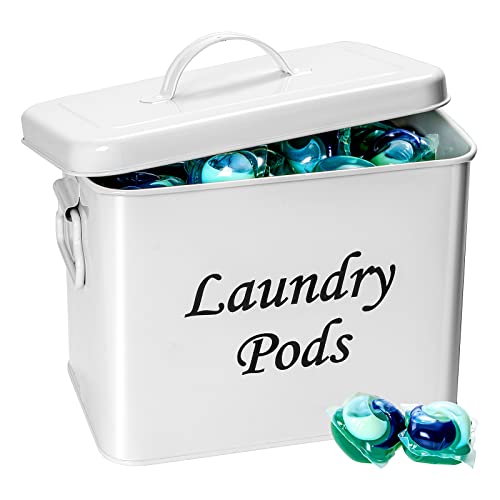 Laundry Pods Container, 3.8Qt Hold 88 Laundry Pods Storage Holder, White Laundry Storage Container White Rustic Tin Laundry Room Organizing Box Reusable Farmhouse Decoration