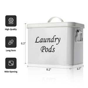 Laundry Pods Container, 3.8Qt Hold 88 Laundry Pods Storage Holder, White Laundry Storage Container White Rustic Tin Laundry Room Organizing Box Reusable Farmhouse Decoration